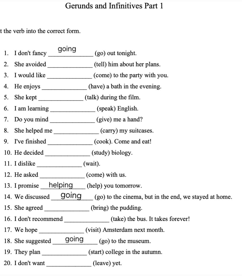 Gerunds and Infinitives Part 1 Put the verb | StudyX
