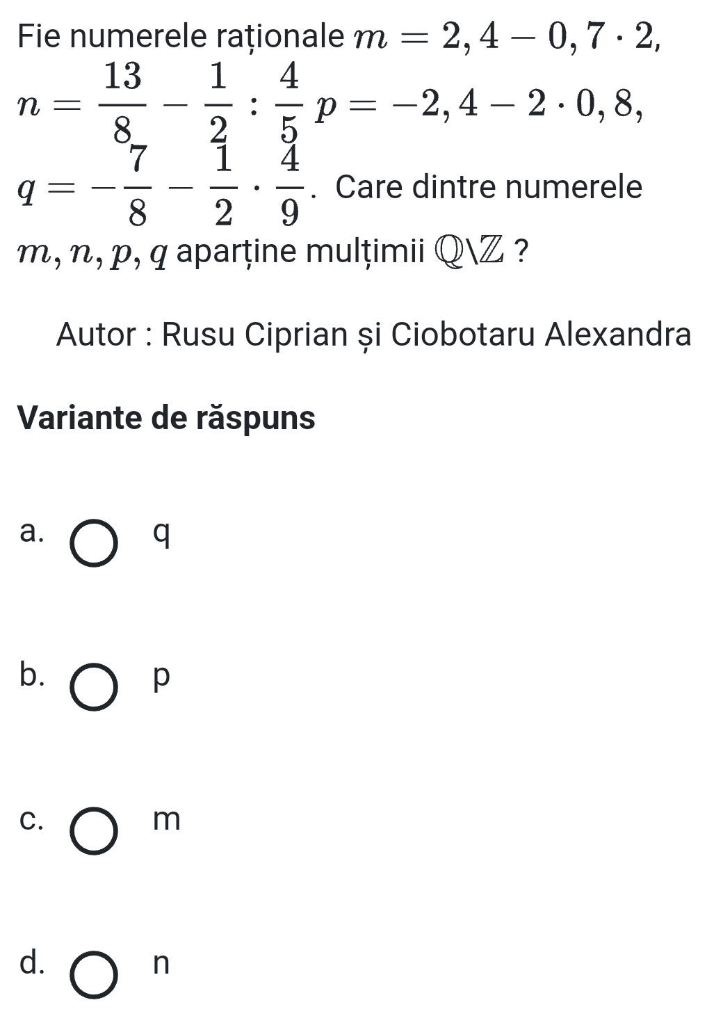 Fie numerele raționale $m = 2,4 - 0,7 imes | StudyX