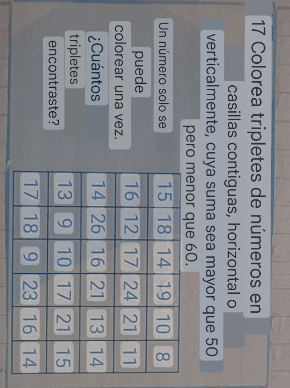 17 Colorea tripletes de números en casillas | StudyX