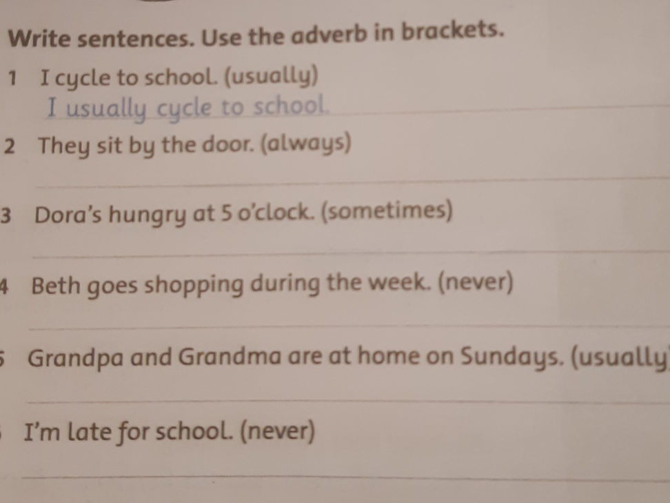 Write sentences. Use the adverb in brackets. | StudyX