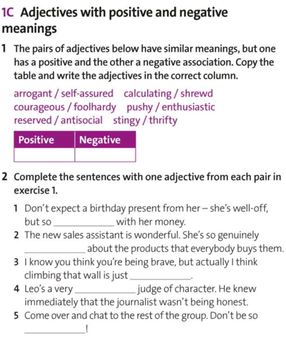 1C Adjectives with positive and negative | StudyX