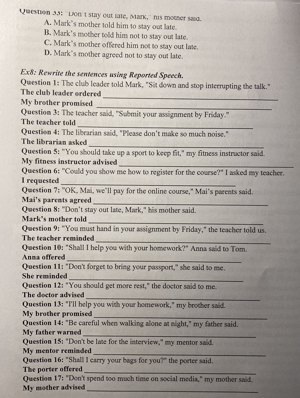 Question 55: "Don't stay out late, Mark," | StudyX