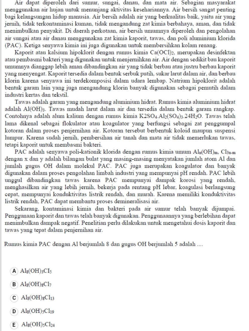 Rumus kimia PAC dengan Al berjumlah 8 dan | StudyX