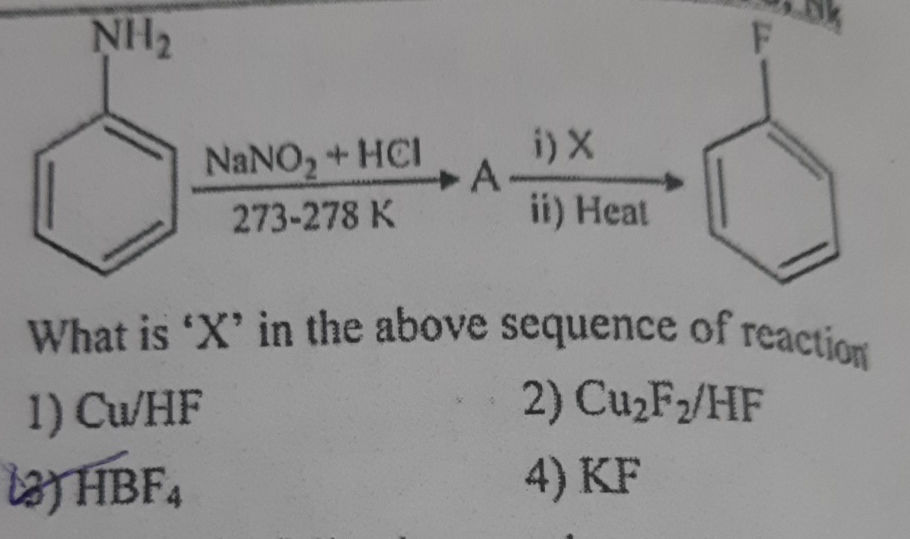 NH2 -> NaNO2 + HCl -> A -> i) X -> F | StudyX