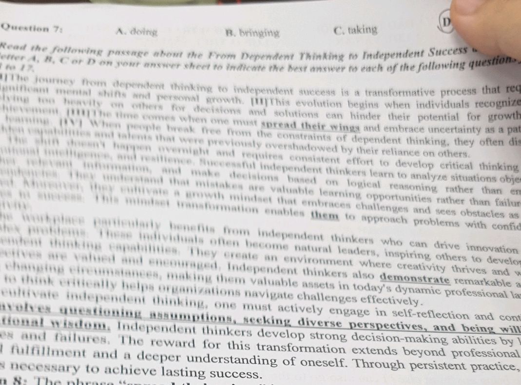 Question 7: A. doing B. bringing C. taking | StudyX