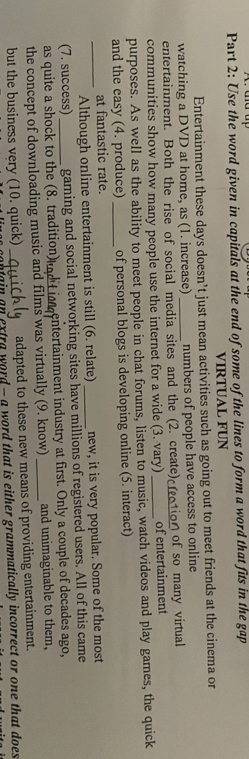 Part 2: Use the word given in capitals at | StudyX