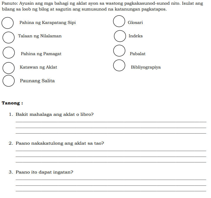 Panuto: Ayusin ang mga bahagi ng aklat ayon | StudyX