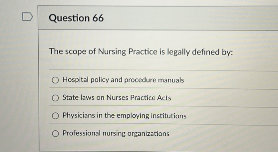Question 66 The scope of Nursing Practice | StudyX