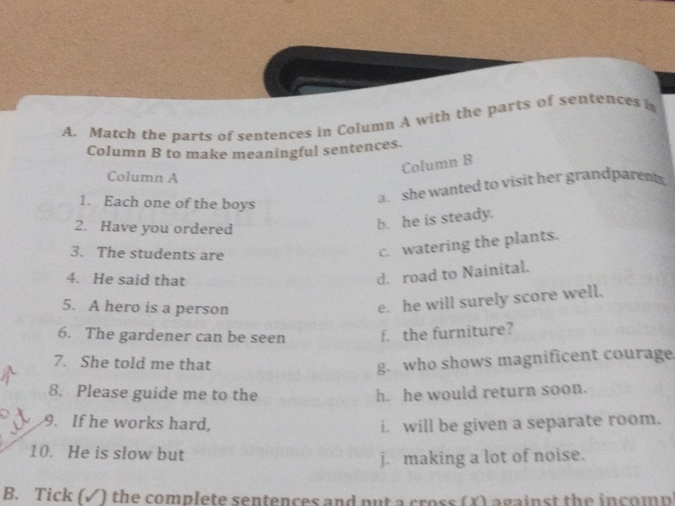 A. Match the parts of sentences in Column A | StudyX