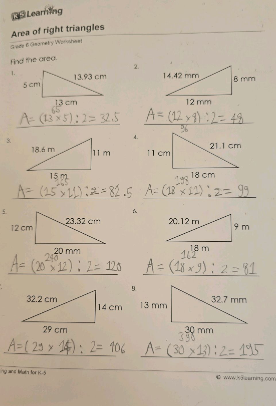 Area of right triangles Grade 6 Geometry | StudyX
