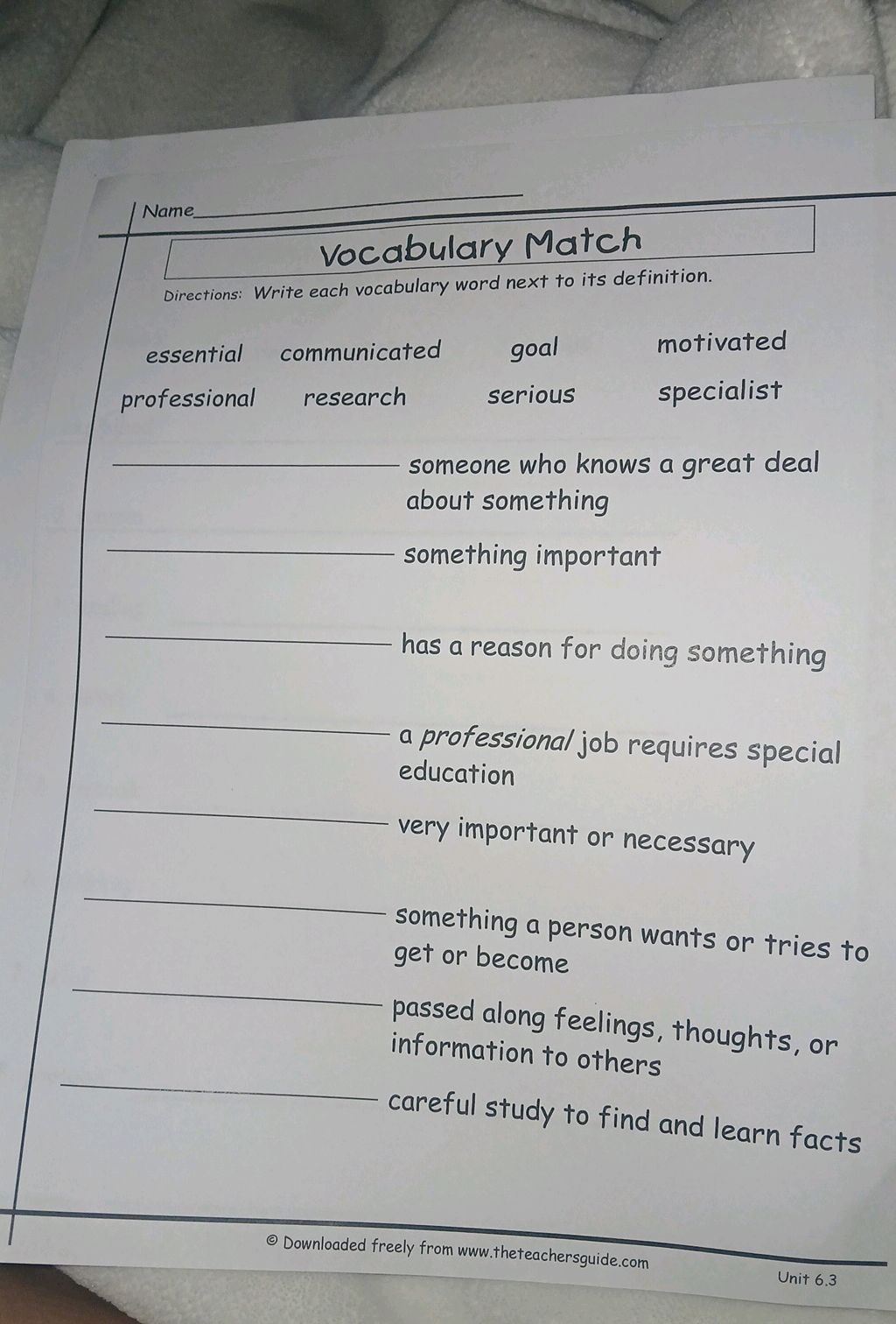 Vocabulary Match Directions: Write each | StudyX