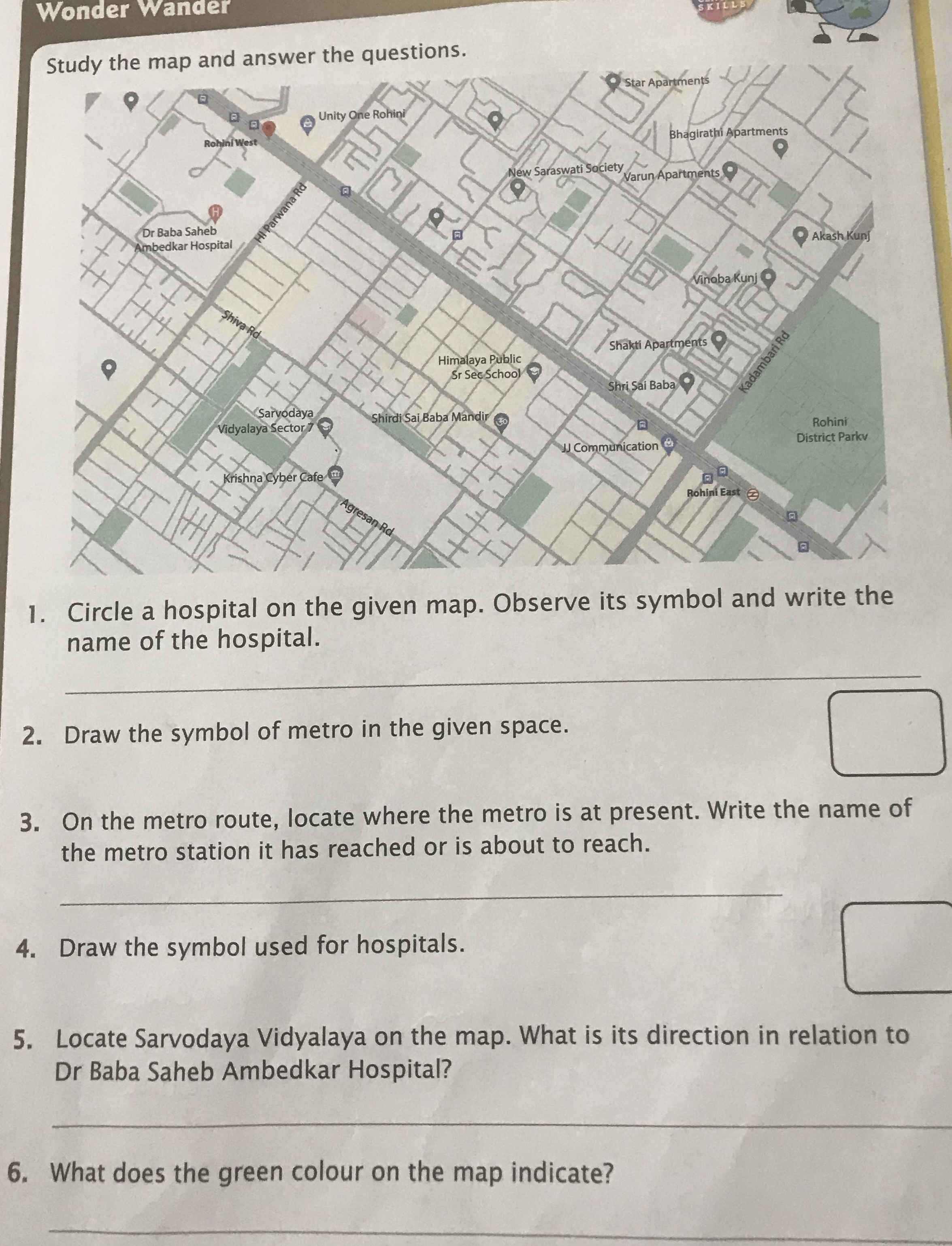 1. Circle a hospital on the given map. | StudyX
