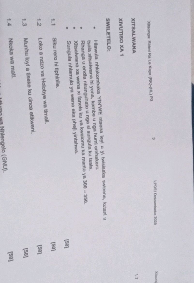 XIVUTISO XA 1 SWILETELO: Hlawula nhlokomhaka | StudyX