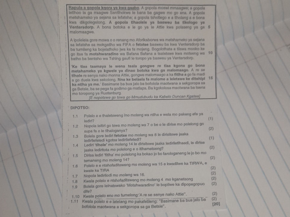 1.1 Polelo e e thaletsweng ino moleng wa | StudyX