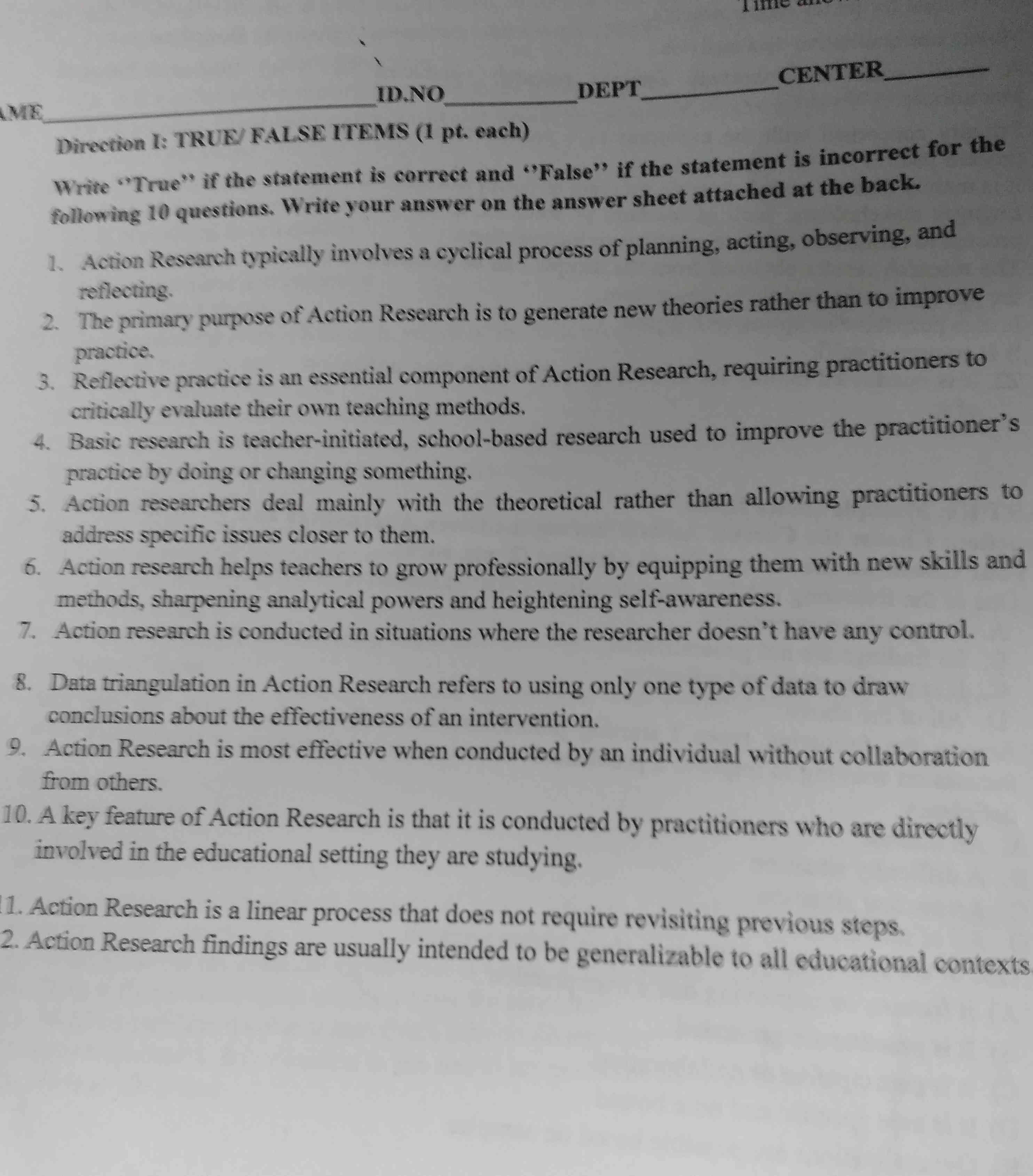 Direction I: TRUE/ FALSE ITEMS (1 pt. each) | StudyX