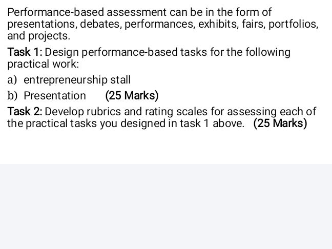Task 1: Design performance-based tasks for | StudyX