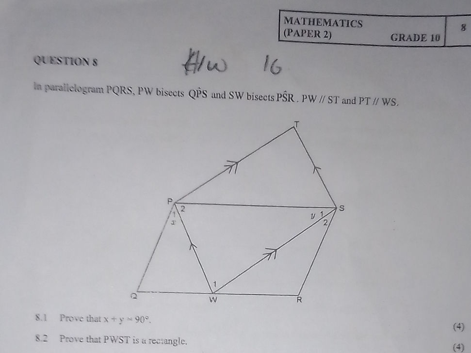 In parallelogram PQRS, PW bisects QPS and SW | StudyX