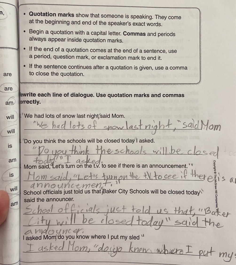 Rewrite each line of dialogue. Use quotation | StudyX