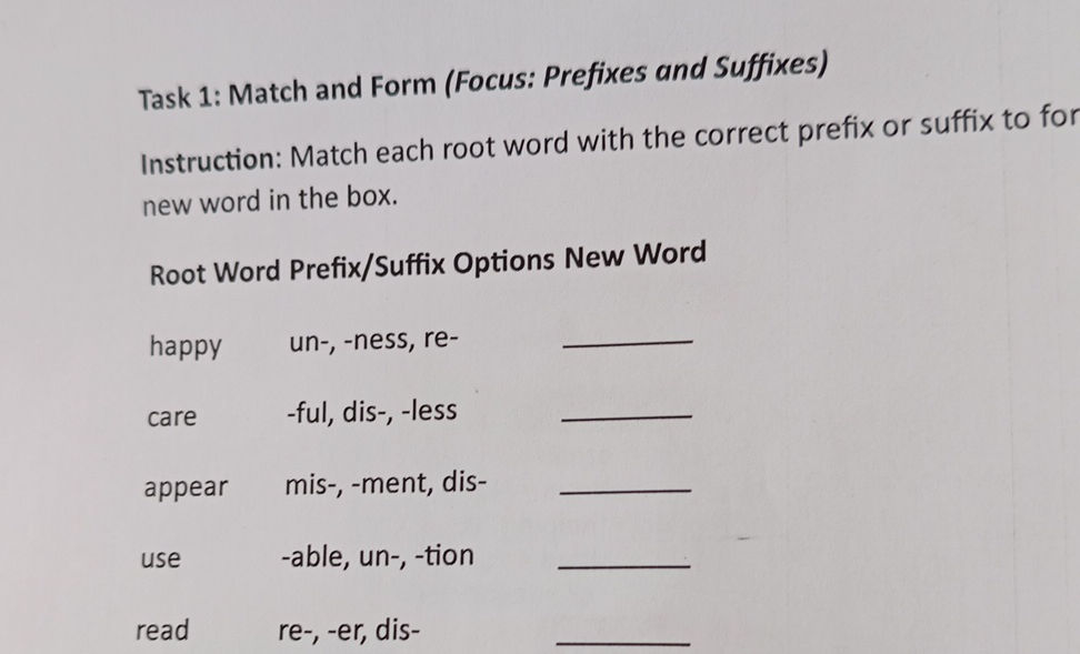 Task 1: Match and Form (Focus: Prefixes and | StudyX