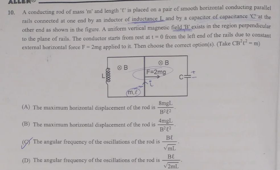 10. A conducting rod of mass 'm' and length | StudyX