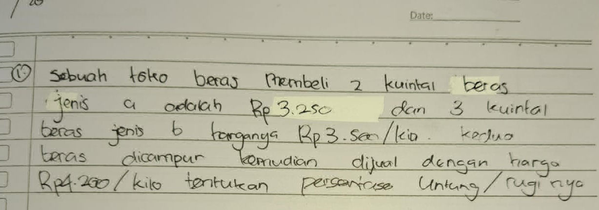 Sebuah toko beras membeli 2 kuintal beras | StudyX