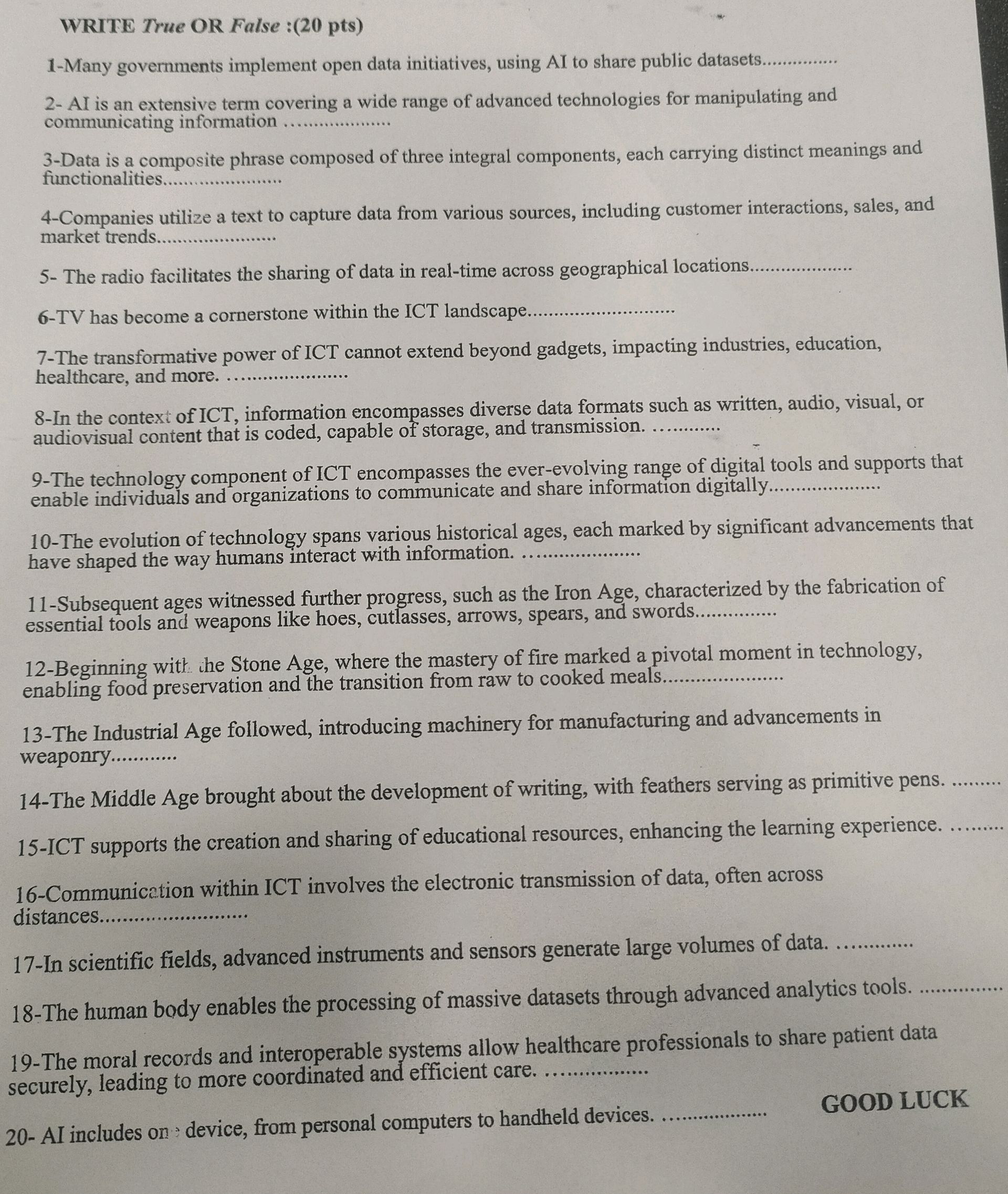 WRITE True OR False :(20 pts) 1-Many | StudyX