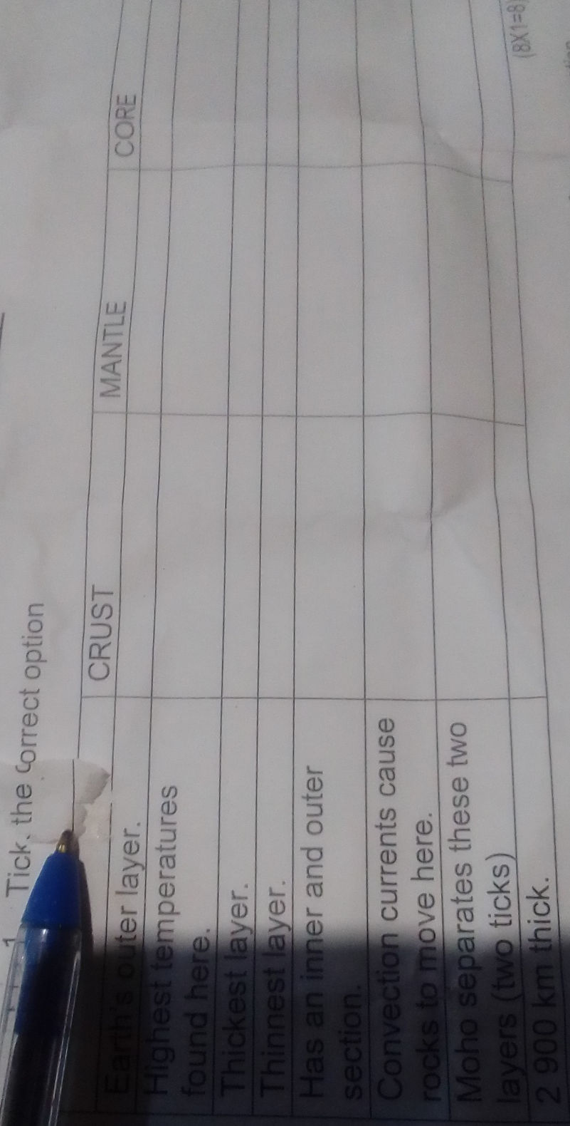 Tick the correct option. | CRUST | MANTLE | | StudyX