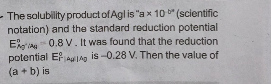 The solubility product of AgI is "a x 10⁻ᵇ"