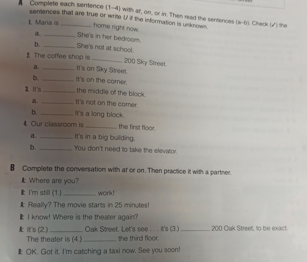 A Complete each sentence (1-4) with at, on, | StudyX