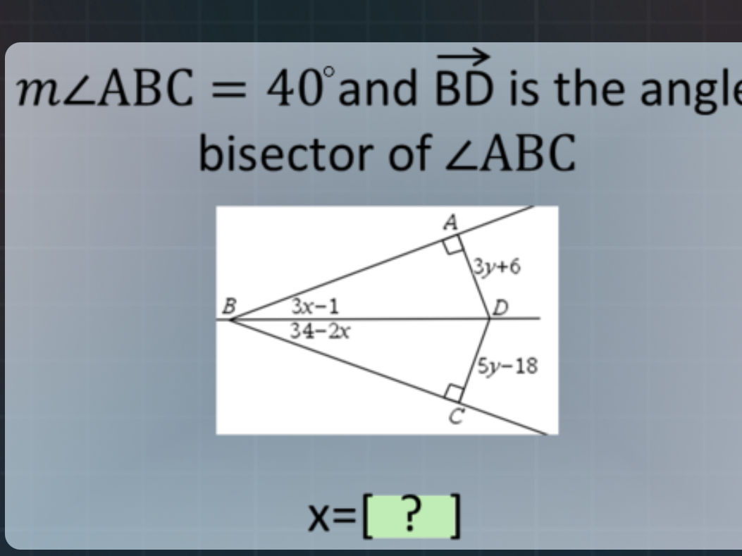 $ ABC = 40^ $ and BD is the angle bisector | StudyX