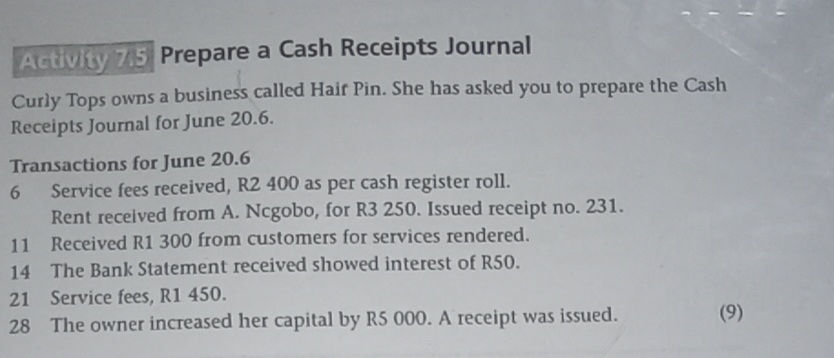 Activity 7.5 Prepare a Cash Receipts Journal | StudyX