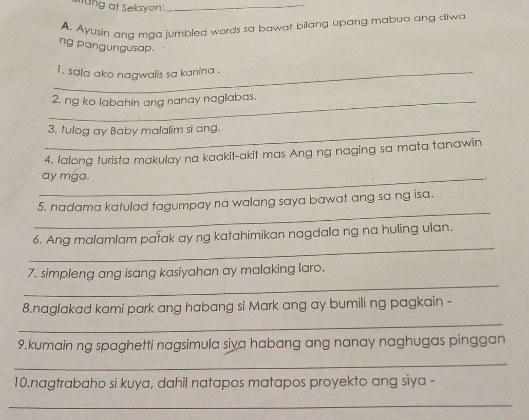 A. Ayusin ang mga jumbled words sa bawat | StudyX