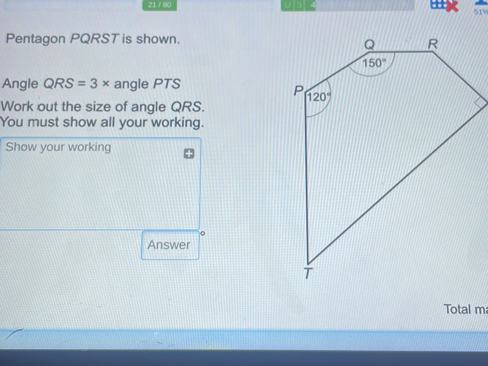 Pentagon PQRST is shown. Angle QRS = 3 x | StudyX