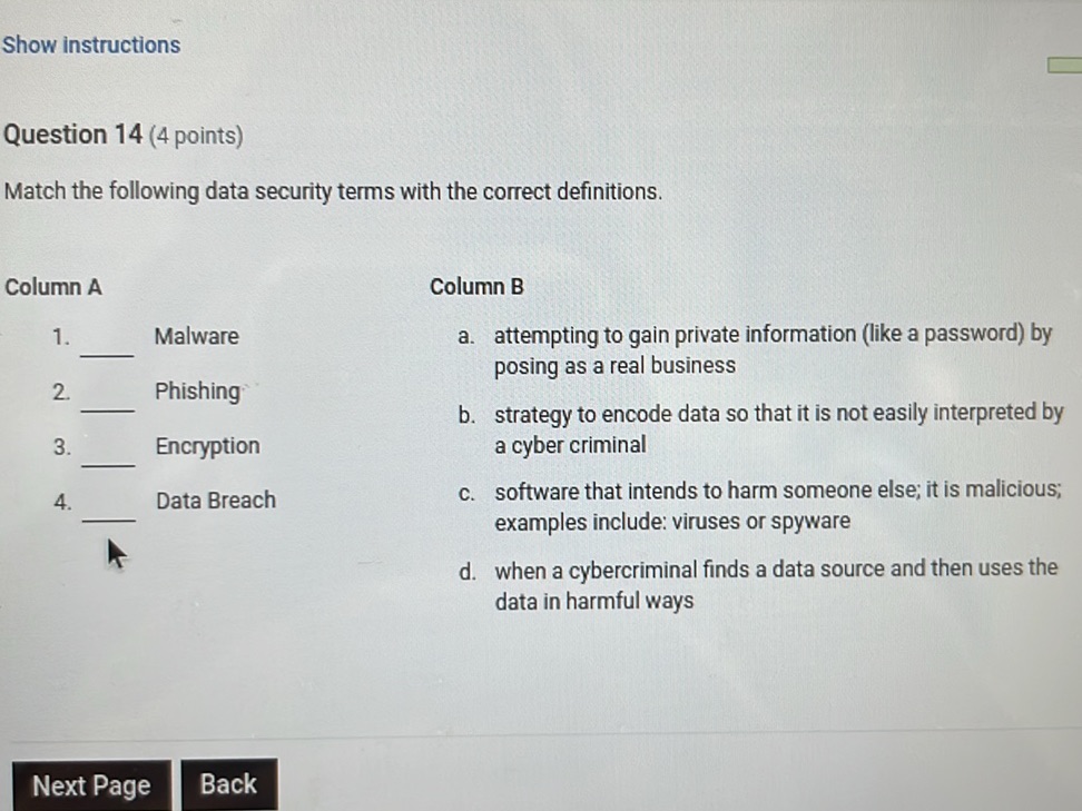 Match the following data security terms with | StudyX