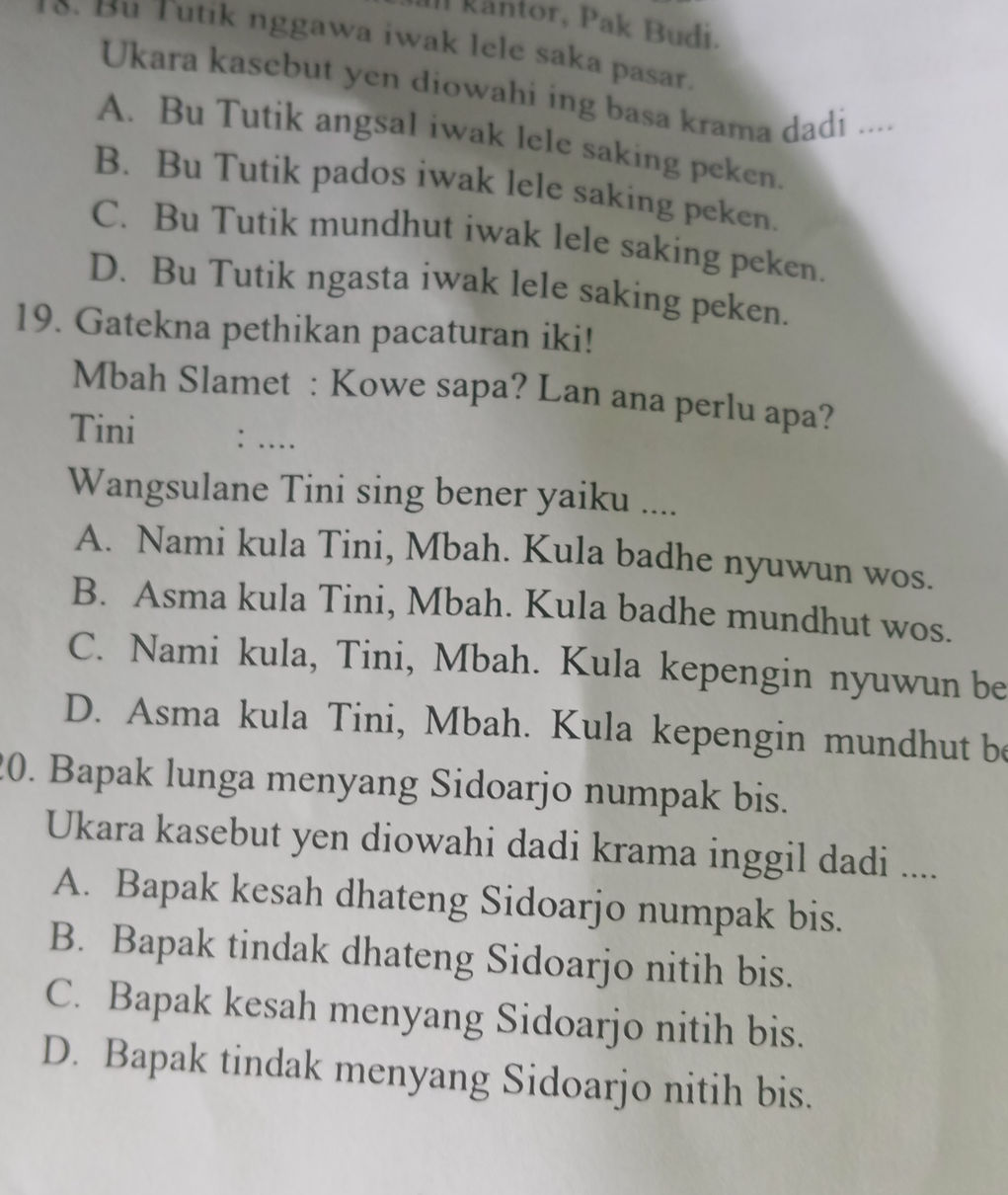 18. Bu Tutik nggawa iwak lele saka pasar. | StudyX