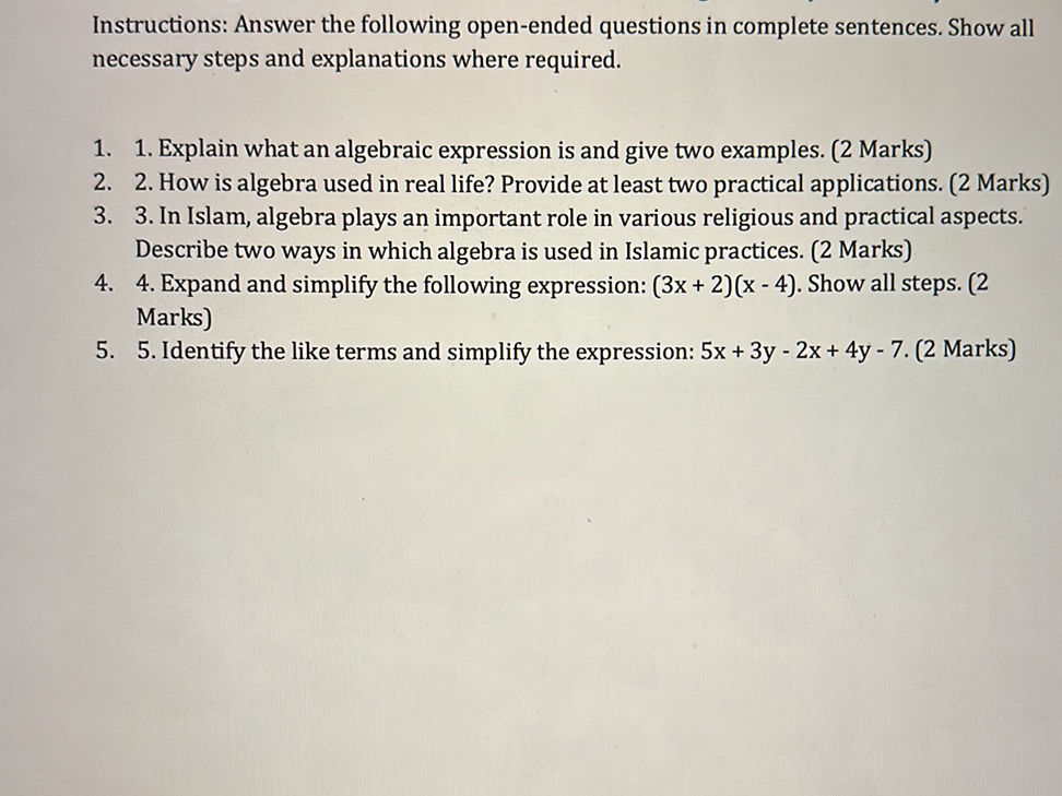 1. Explain what an algebraic expression is | StudyX
