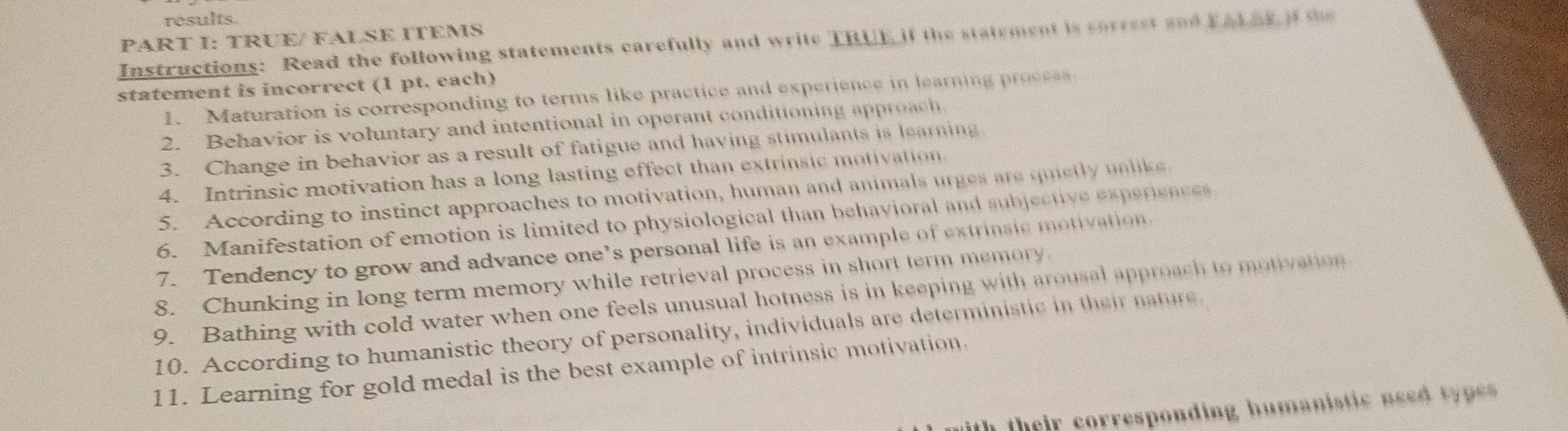 PART I: TRUE/FALSE ITEMS Instructions: Read | StudyX