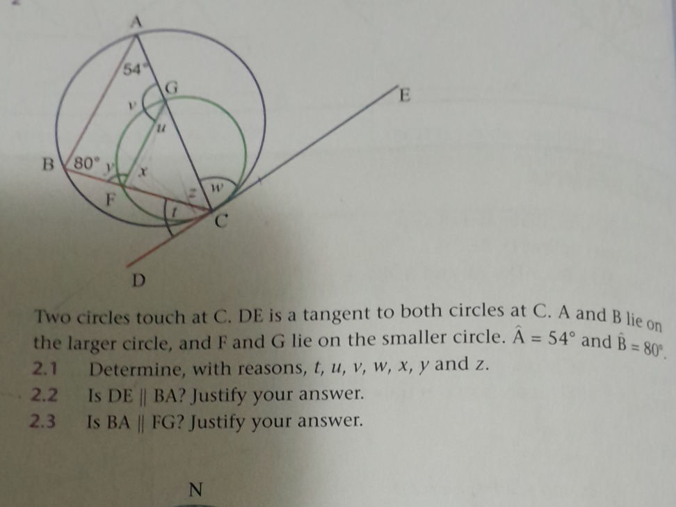 Two circles touch at C. DE is a tangent to | StudyX