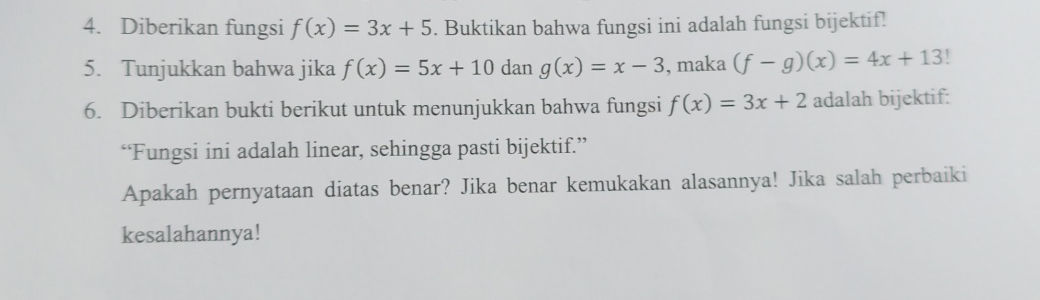 4. Diberikan fungsi $f(x) = 3x + 5$. | StudyX