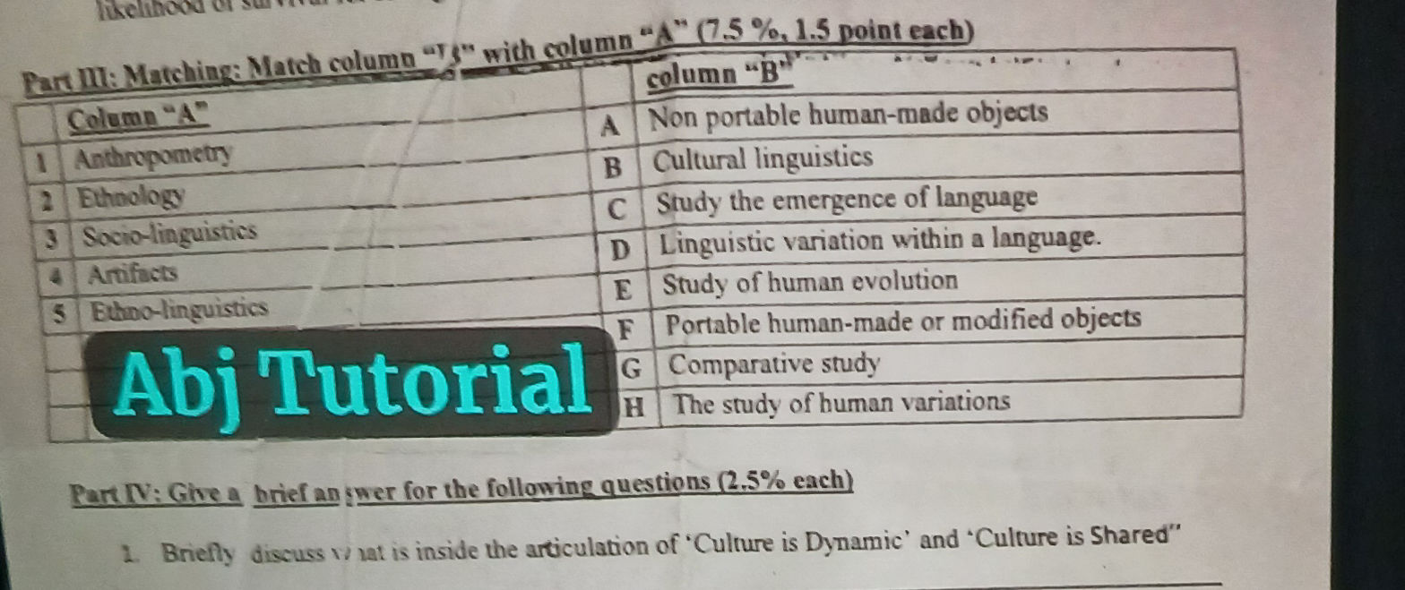 Part III: Matching: Match column "A" with | StudyX