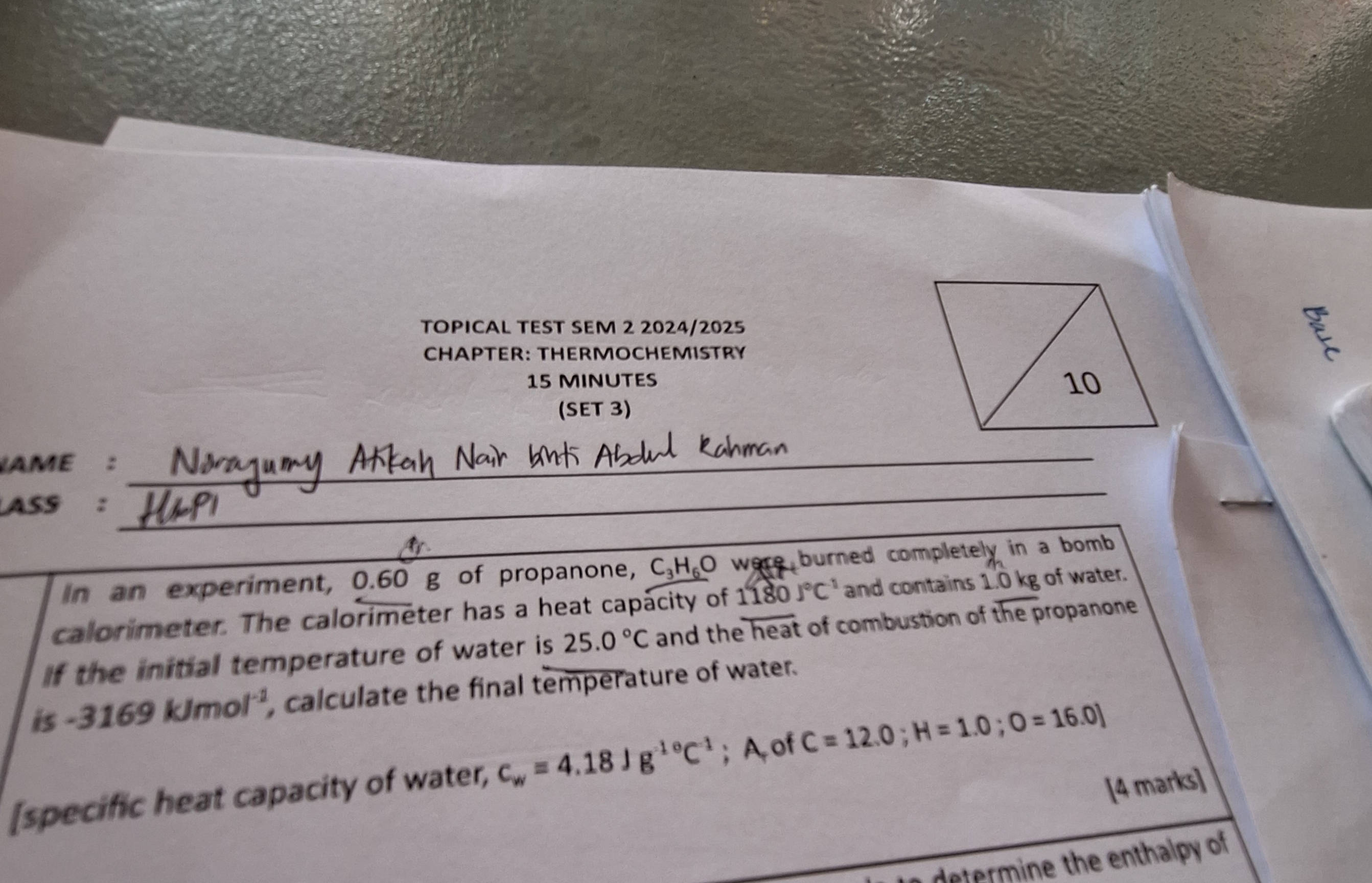 In an experiment, 0.60 g of propanone, C₃H₆O | StudyX