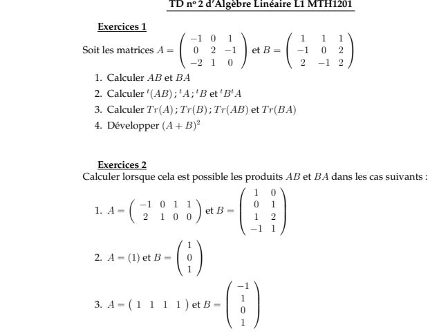 Exercices 1 Soit les matrices $A = -1 0 | StudyX