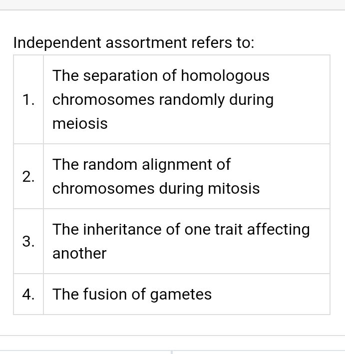 Independent assortment refers to: 1. The | StudyX