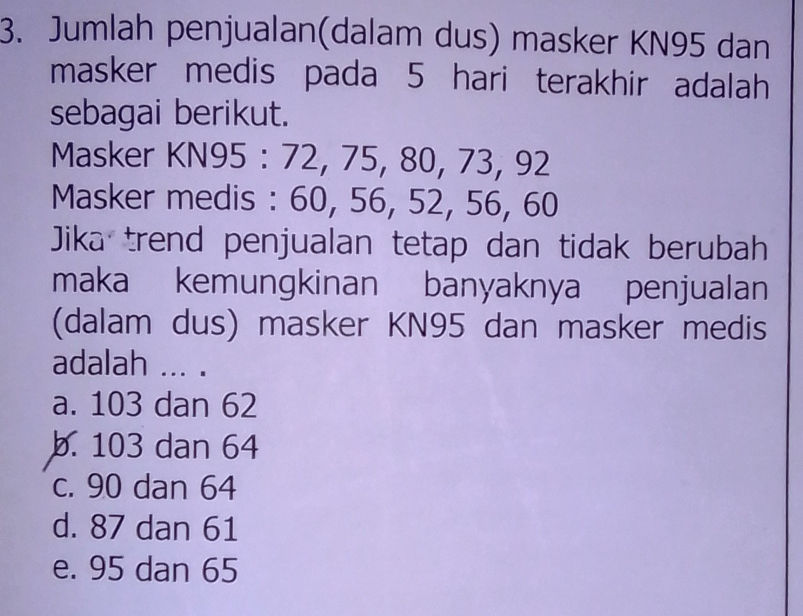 Jumlah penjualan (dalam dus) masker KN95 dan | StudyX