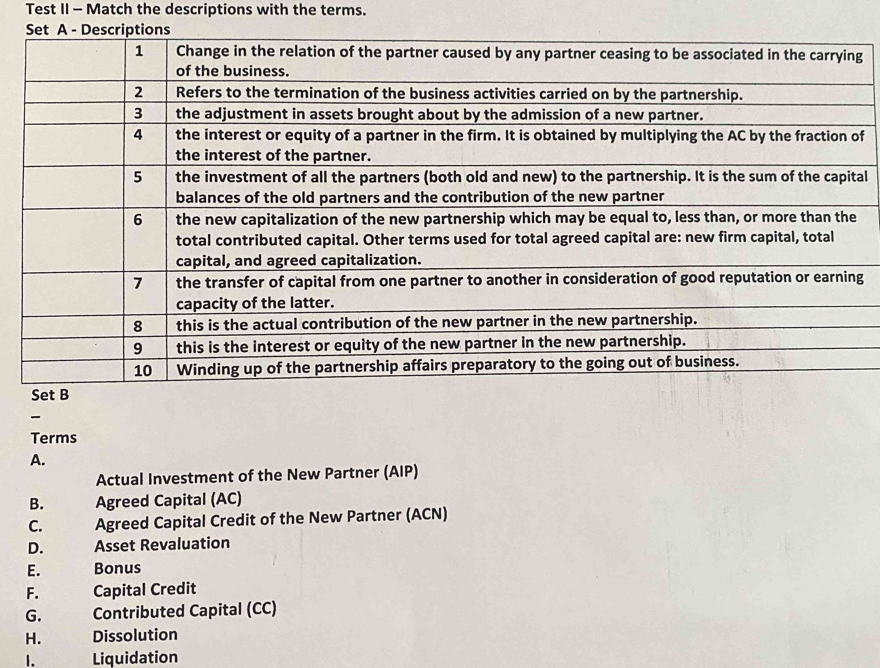 Match the descriptions with the terms. Set | StudyX