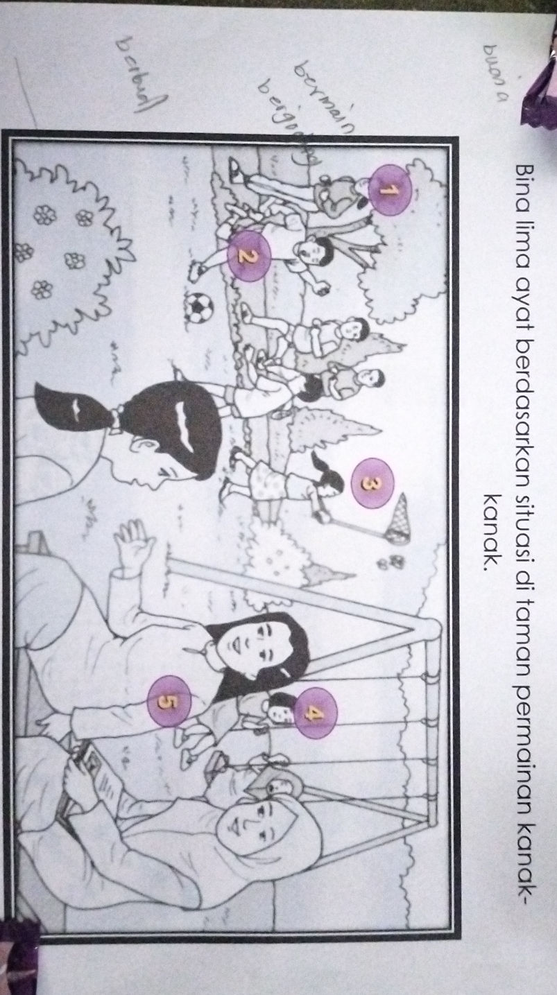 Bina lima ayat berdasarkan situasi di taman | StudyX