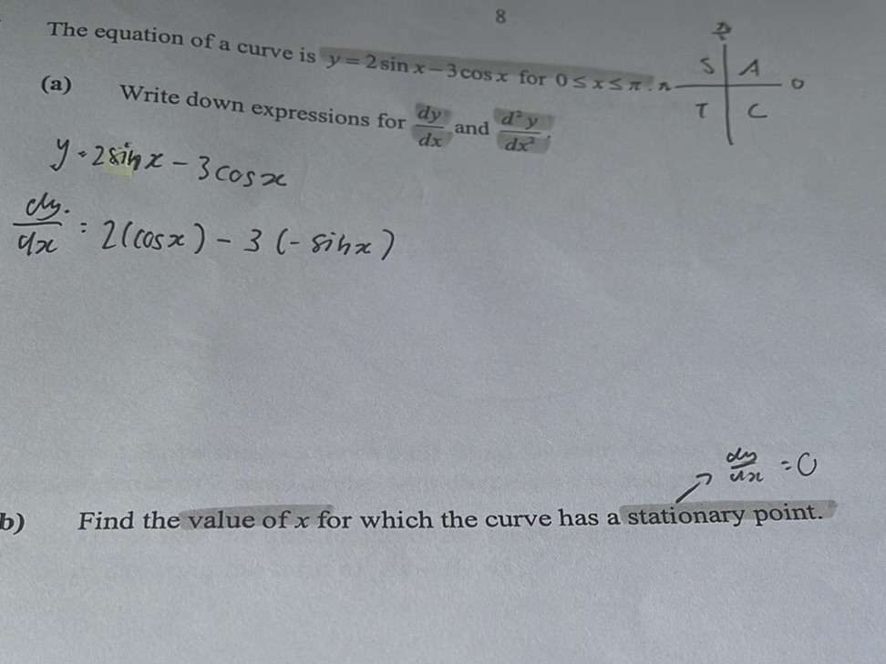 (a) Write down expressions for $ {dy}{dx}$ | StudyX