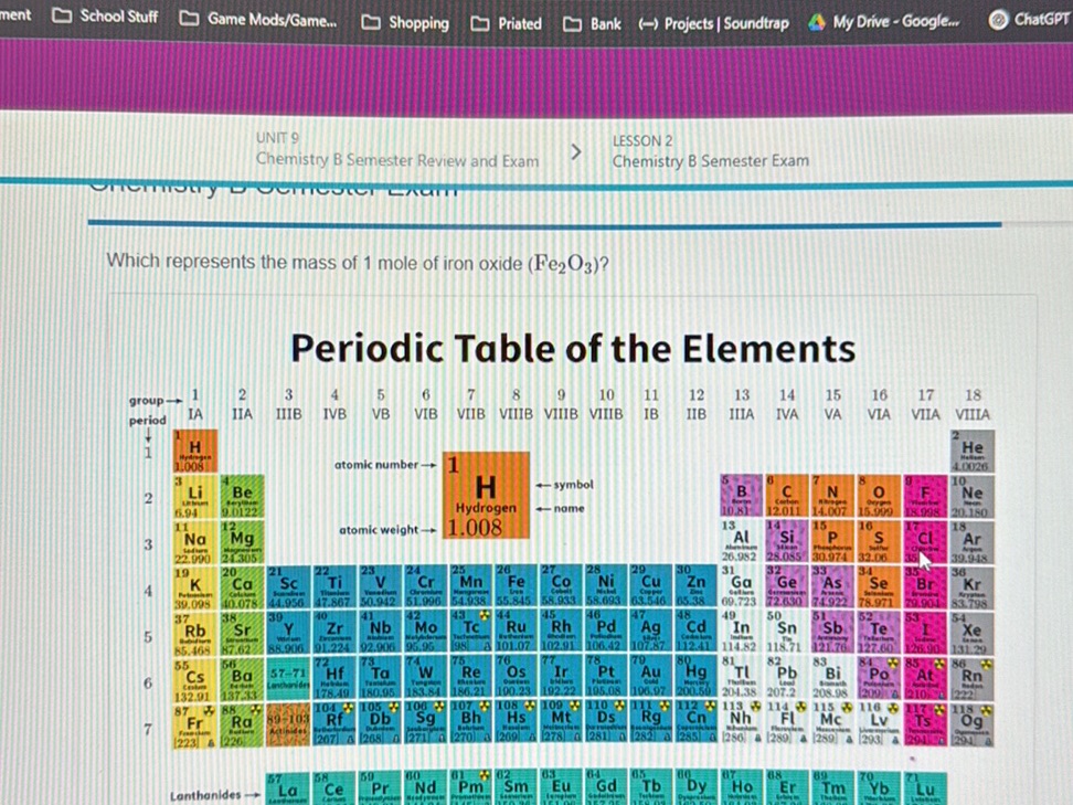 Which represents the mass of 1 mole of iron | StudyX