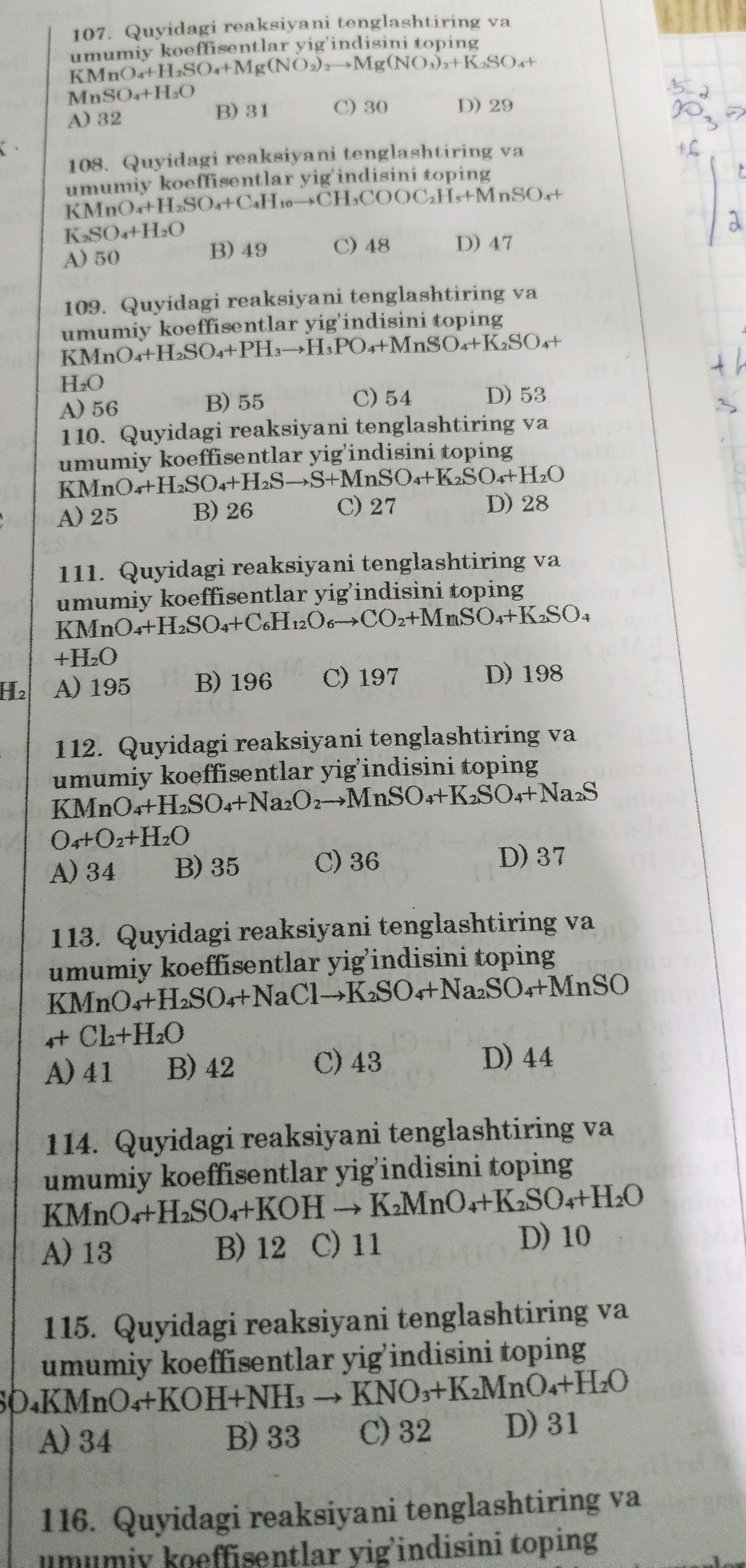 107. Quyidagi reaksiyani tenglashtiring va | StudyX