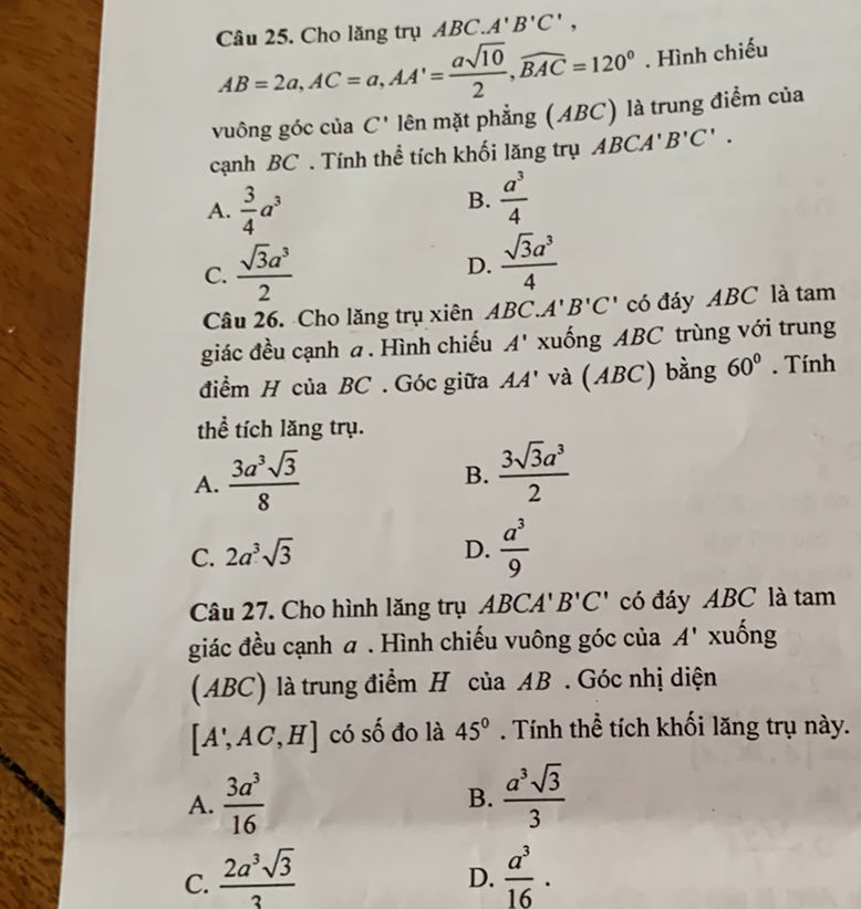 Câu 25. Cho lăng trụ $ABC.A'B'C'$, $AB = 2a, | StudyX
